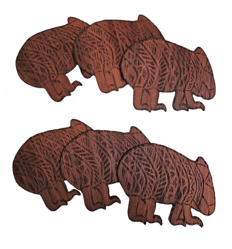 6 x ABORIGINAL COASTERS - WOOD, TIMBER - WOMBAT, JARRAH - AUSTRALIA ...
