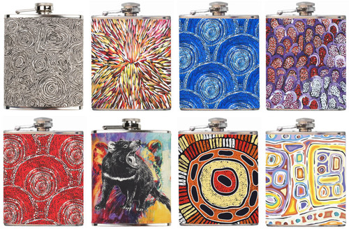 HIP FLASK IN GIFT BOX - ABORIGINAL ART - STAINLESS STEEL - AUSTRALIA ...
