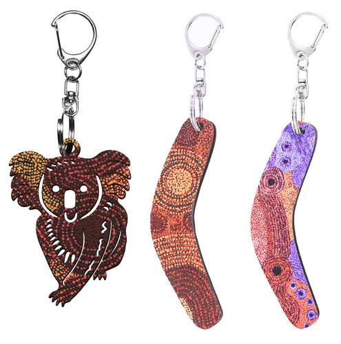 ABORIGINAL KEYRING x 1 - KOALA, BOOMERANG - WOODEN - AUSTRALIA, CHAIN ...