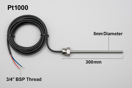 PT1000 Temperature Probe – 3-Wire, 10m Cable, 304SS, Ø8mm x 300mm, ¾ ...