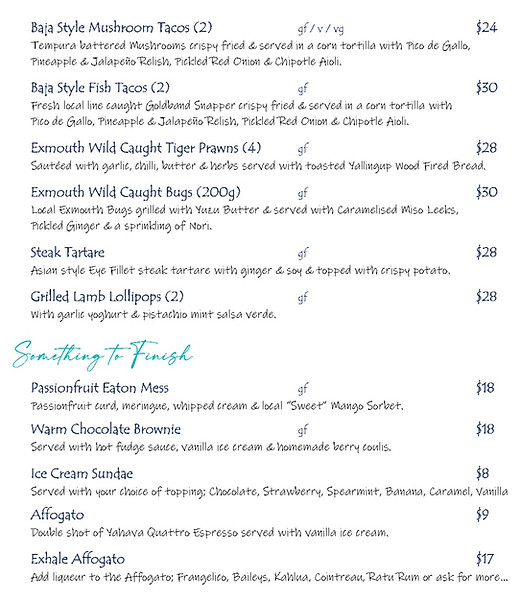 Dinner Menu | Exhale Exmouth