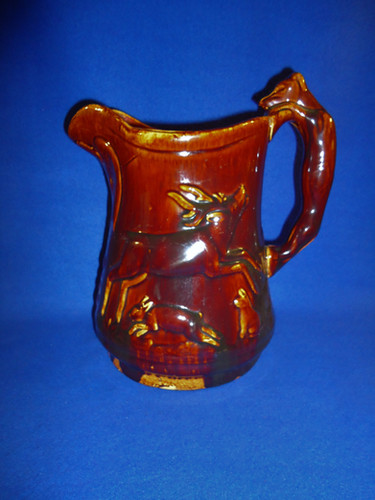 Large Yellow Ware Pitcher with Wildlife & Hound-Handle in Rockingham ...