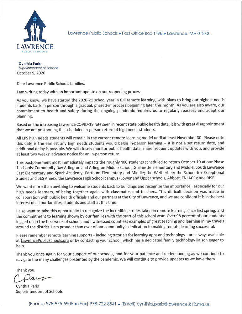In-Person Postponement Letter from the LPS Superintendent