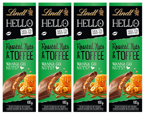 LINDT HELLO ROASTED NUTS & TOFFEE, 4 Packs, 100g | German Health&Beauty