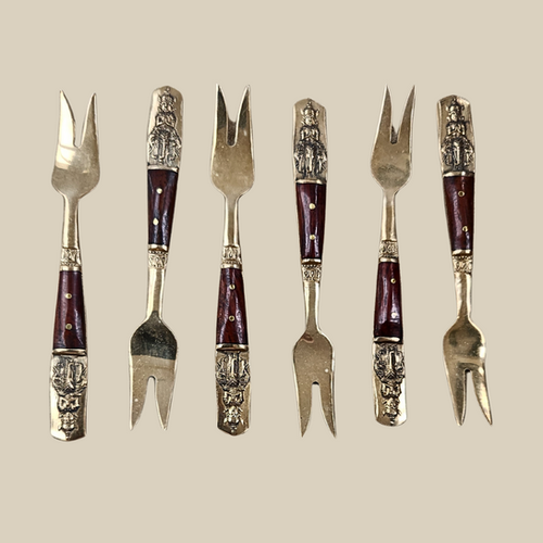 Vintage Thai Nickel Bronze & Wood Cocktail Forks Set of 6