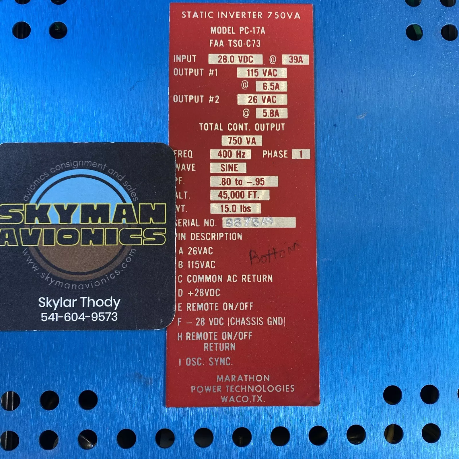 Marathon PC-17A Static Inverter 750VA | Skyman Avionics
