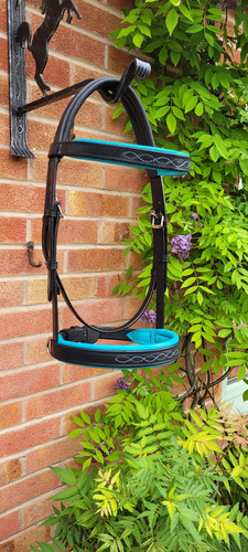 Black/turquoise sidecue bridle with blue infinity stitching | TRANSCEND