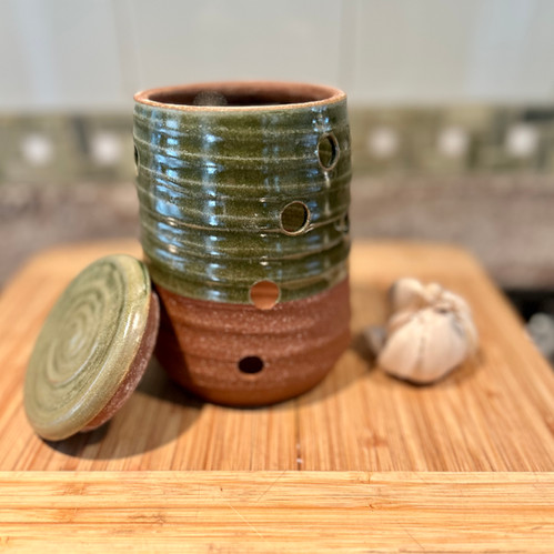 Large Garlic Jar: Red Clay and Leaf Green Glaze | bridgespottery_MAIN