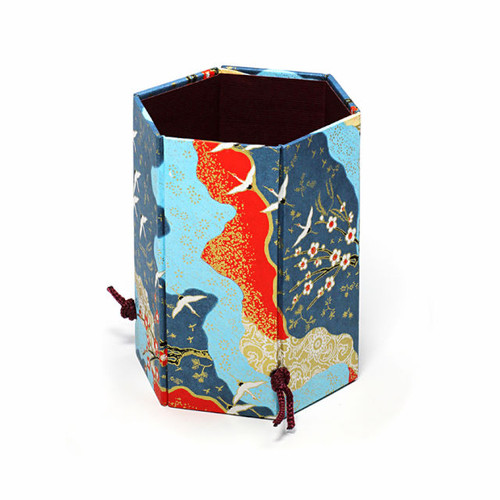 Hexagonal Pen stand - Cranes and plum | raku.co.nz