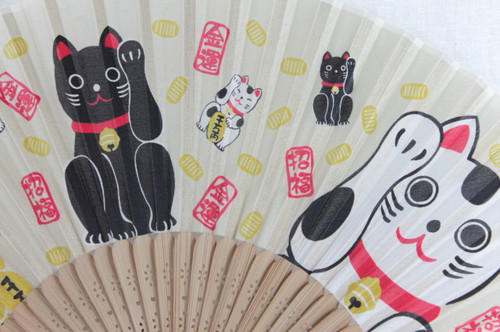 Silk Lucky Cats Hand Fan with Case -Handheld Folding Fan | raku.co.nz
