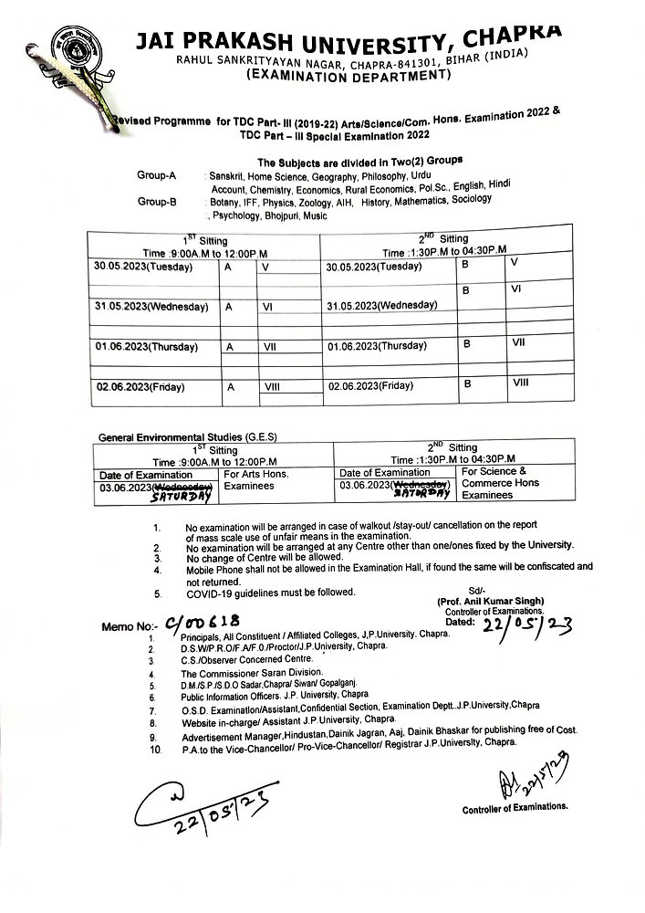 TDC PART-III Theory Examination-2022 (Regular& Special) Schedule.