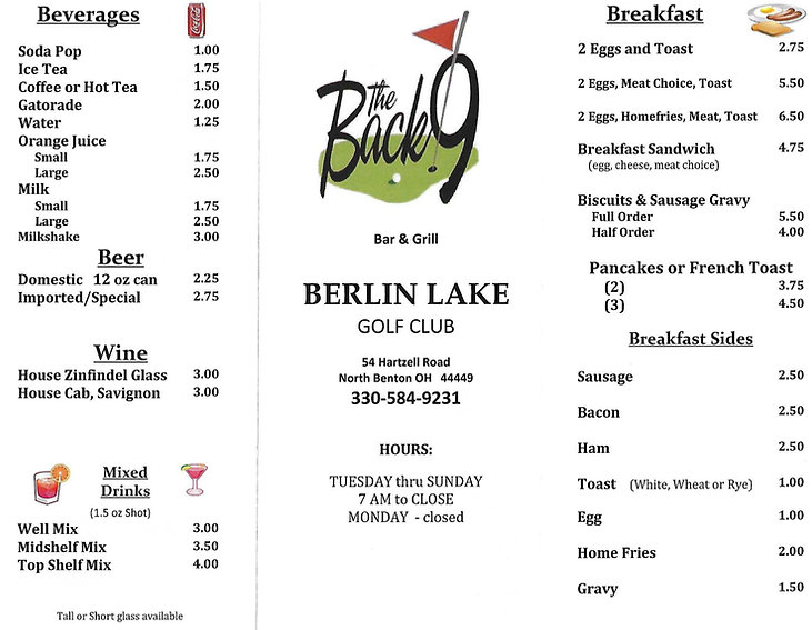 Back 9 Bar and Grill Menu
