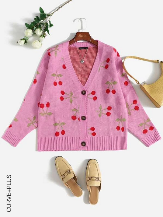 SHEIN Plus Cherry Pattern Drop Shoulder Cardigan