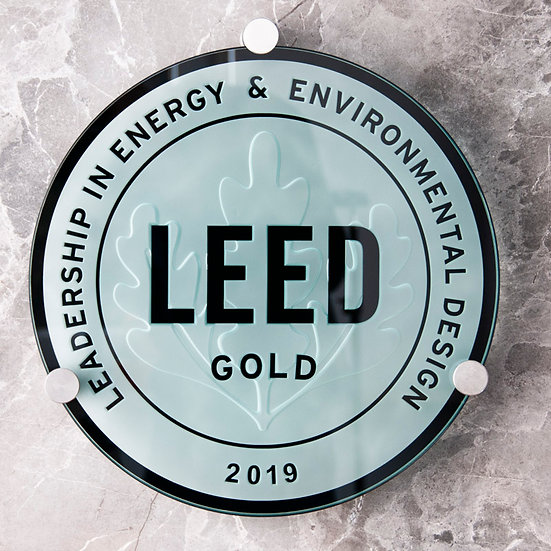Back painted and blasted LEED Glass Plaque | signofgreen