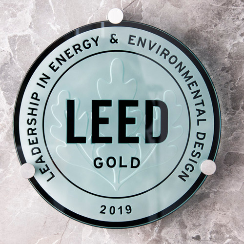 Back painted and blasted LEED Glass Plaque | sign of green
