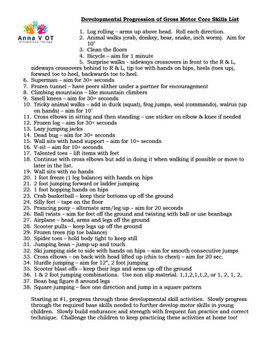 Gross motor Core Progression List | Anna Vander Haeghe O