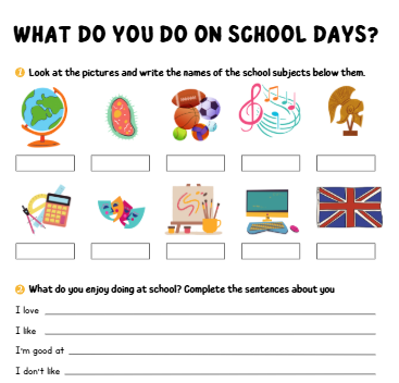 Worksheets to learn pronouns, action verbs, school subjects, and family ...