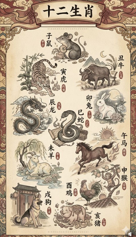 The unique characters that define the 12 zodiac signs in Chinese astrology.
