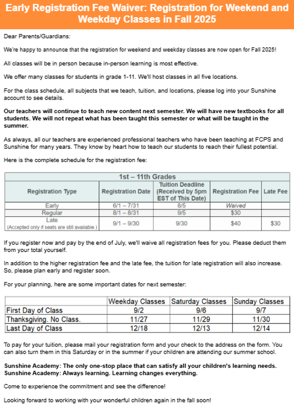 Early Registration Fee Waiver: Weekend and Weekday Classes at Sunshine ...