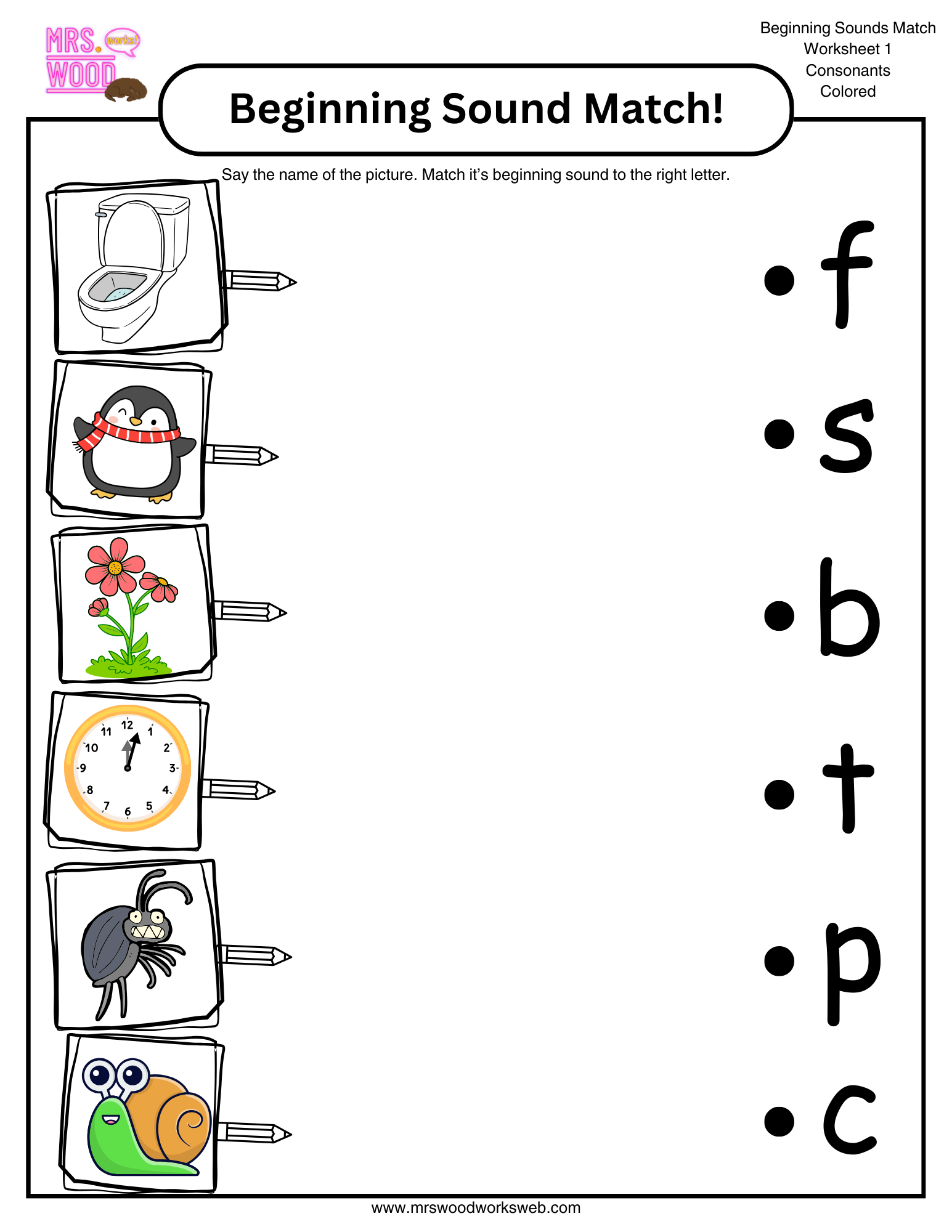 Kindergarten Beginning Sound Consonant Match Free Worksheet | MrsWoodWorks