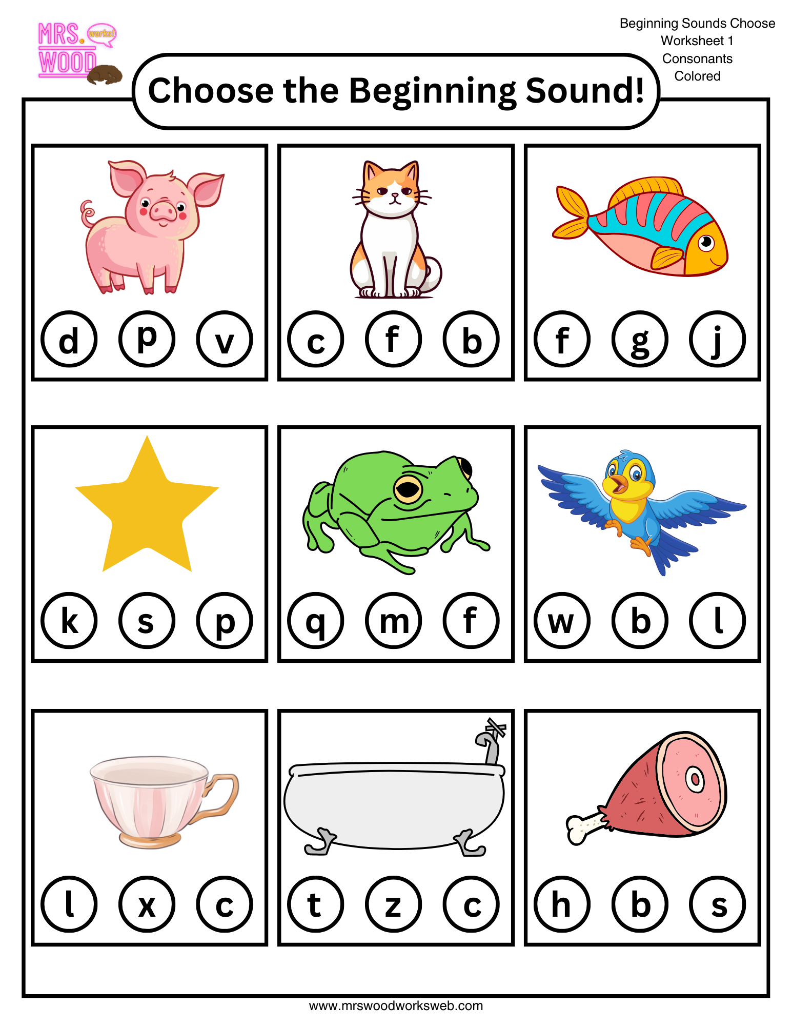 Kindergarten Beginning Sound Consonant Choose Free Worksheets ...