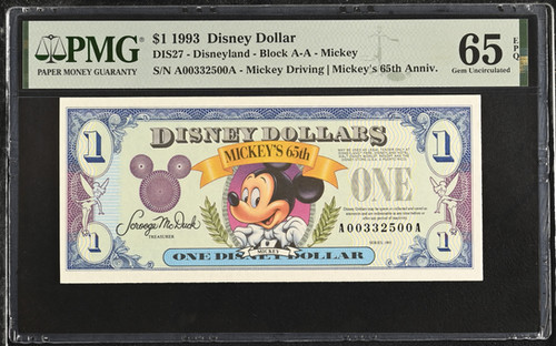 1993 "Mickey's 65th" AA Series $1 Disney Dollar - PMG 65 | JNPDisney.com