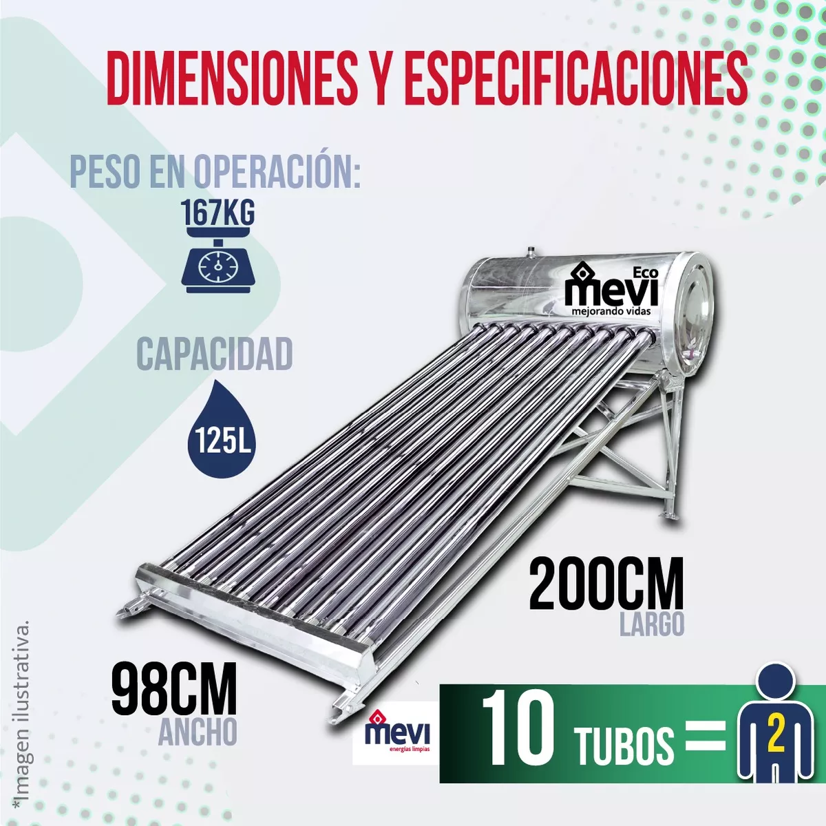 Calentador Solar MEVI ECO / 10 tubos - 125 litros | Servicios Tecnicos