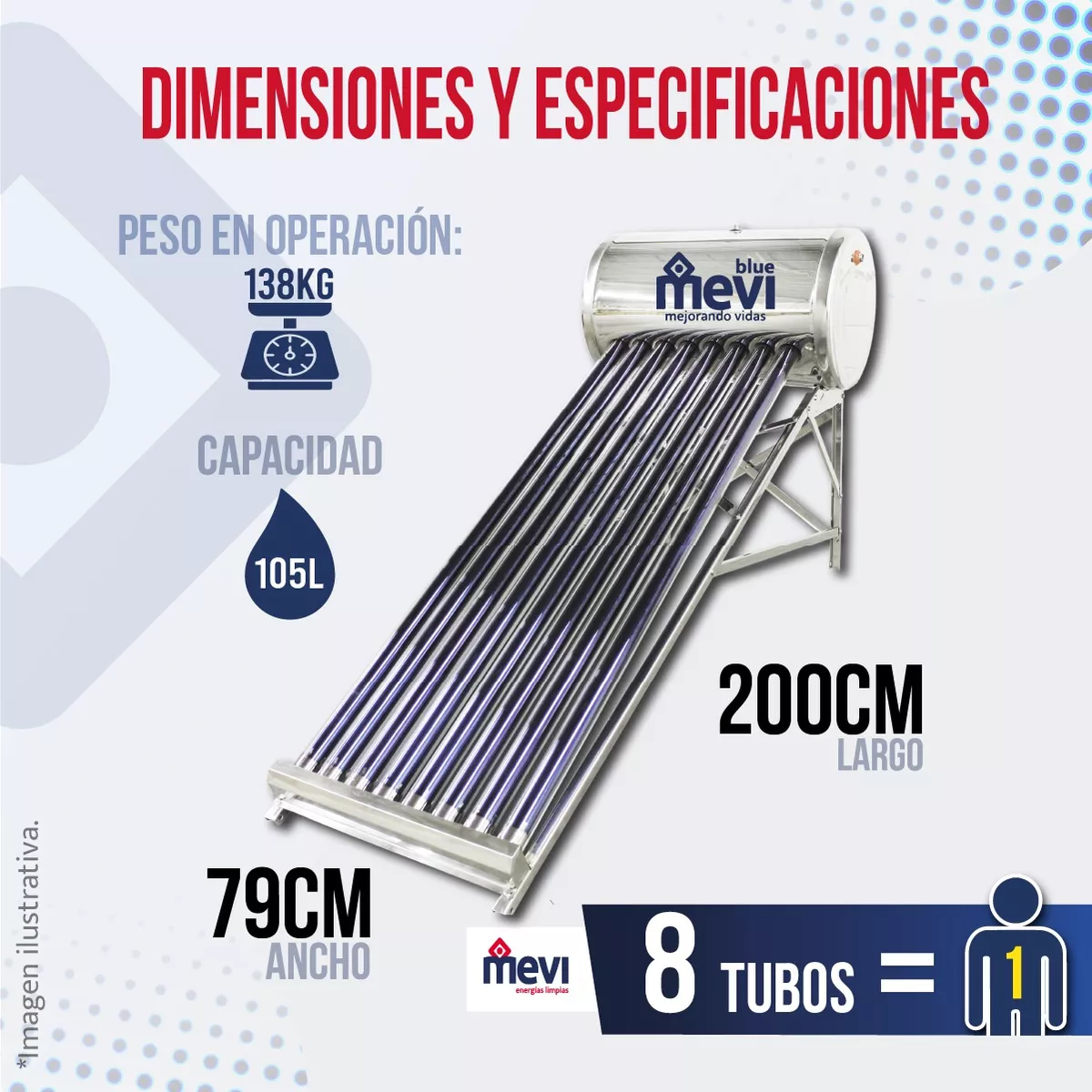 Calentador Solar MEVI ECO / 8 tubos - 100 litros | Servicios Tecnicos