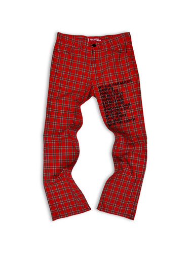 SS02 Junya Watanabe ‘Save the Earth’ Red Plaid Poem Pants | ArchiveThreads