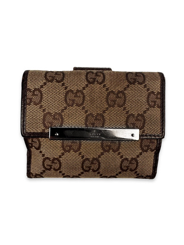 Gucci GG Monogram Tan Leather Metallic Logo Trifold Wallet | ArchiveThreads