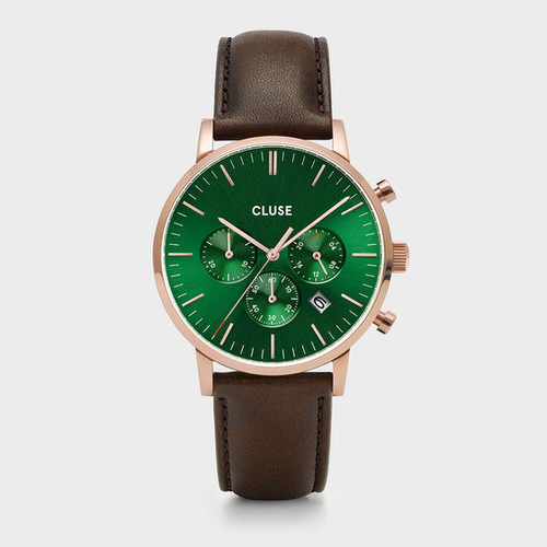 Cluse Mens - Aravis Chronograph Rose Gold Green/Dark Brown Leather ...