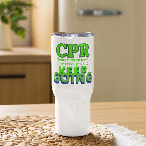 CPR slogan travel mug with a handle | Vanguard Training
