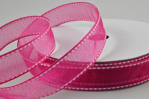Fuschia Sheer Ribbon With A White Saddle Stitch - 20 mts reel | Craftmania