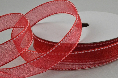 Red Sheer Ribbon With A White Saddle Stitch - 20 mts reel | Craftmania