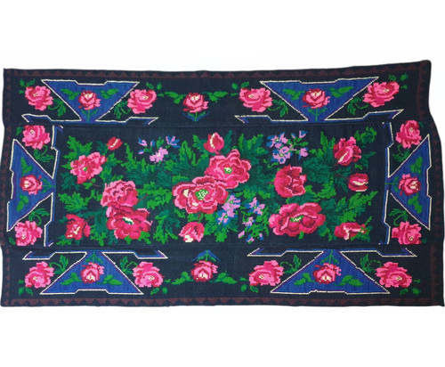 Handwoven floral wool rug, black background with pink roses | MADE WITH ...