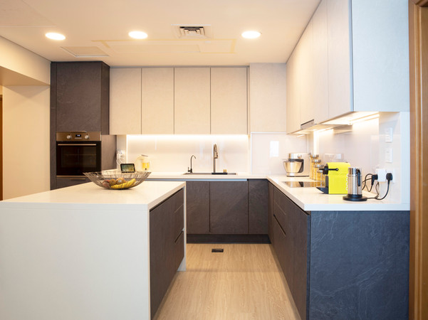 Modern HPL Stone-touch Kitchen with Quartz Island