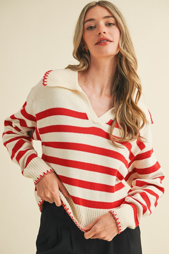 Patsy Striped Collared Sweater With Blanket Stitch | RC Boutique