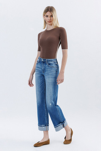 Dark Stone High Rise Cuffed Slim Wide Jeans by Flying Monkey | RC Boutique