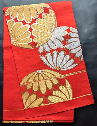 Red Orange & Metallic Gold Fukuro Obi | Ohio Kimono