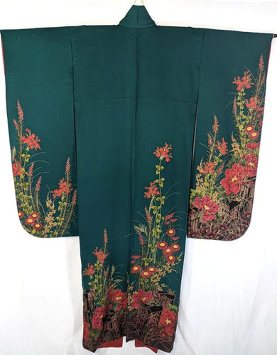 Forest Green & Red Furisode | Ohio Kimono