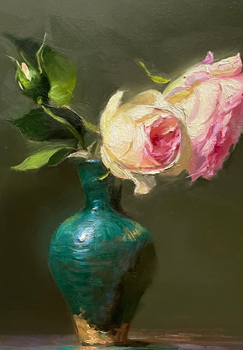 Eden Roses in a Green Vase Demo Painting | Regina Lyubovnaya