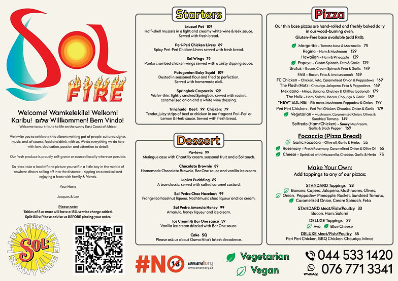 Menus | Sol Kitchen | Plettenberg Bay