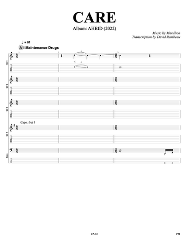 Care | MARILLION Guitar & Bass Transcription Tab | PDF