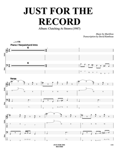 Just For The Record | MARILLION Guitar & Bass Transcription Tab | PDF