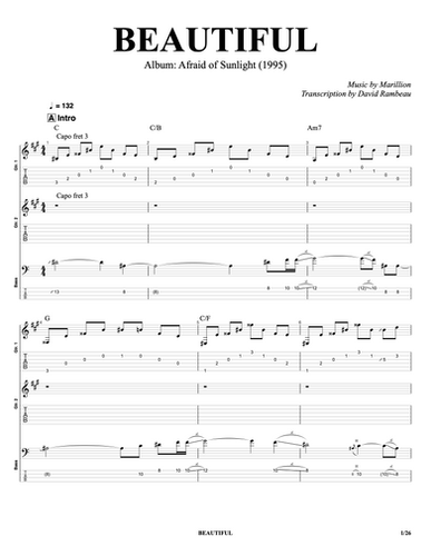 Beautiful | MARILLION Guitar & Bass Transcription Tab | PDF