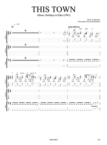 This Town | MARILLION Guitar & Bass Transcription Tab | PDF