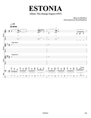 Estonia | MARILLION Guitar & Bass Transcription Tab | PDF