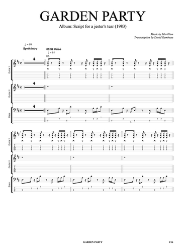 Garden Party | MARILLION Guitar & Bass Transcription Tab | PDF