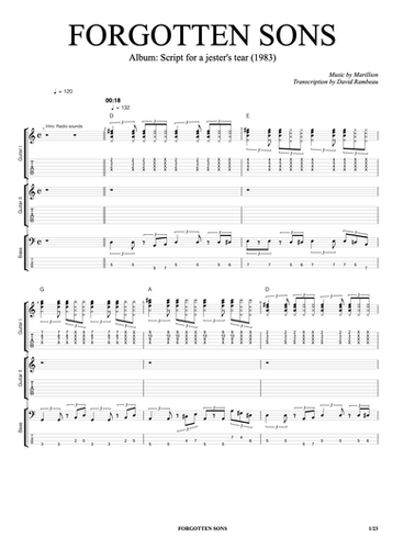 Forgotten Sons | MARILLION Guitar & Bass Transcription Tab | PDF