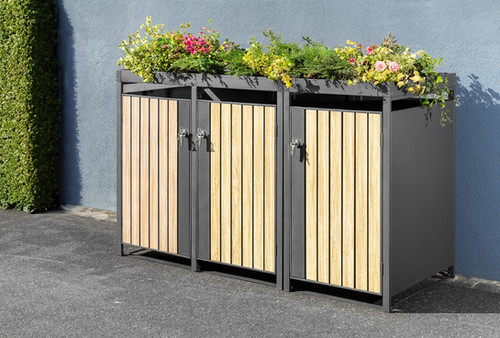 Garbage Can Box for 3 Bins - Anthracite/Wood Look, 196 x 80 x 124 cm ...